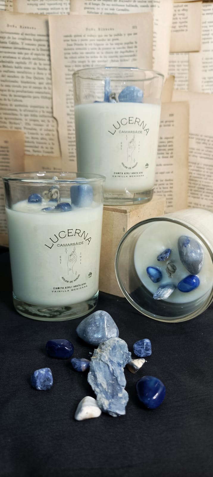 LUCERNA MX-VELA DE CERA DE SOYA CON CIANITA AZUL Y CUARZO AZUL, AROMA ...